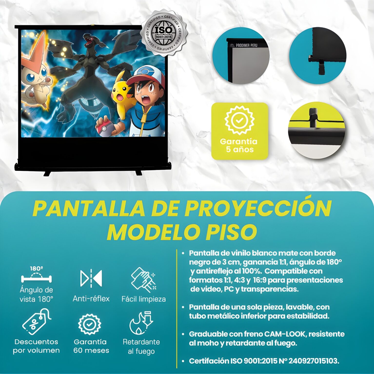 ECRAN RETRACTIL DE PISO 85″(1.50 X 1.50Mts.) FORMATO 1:1 – PRODIMER PERÚ